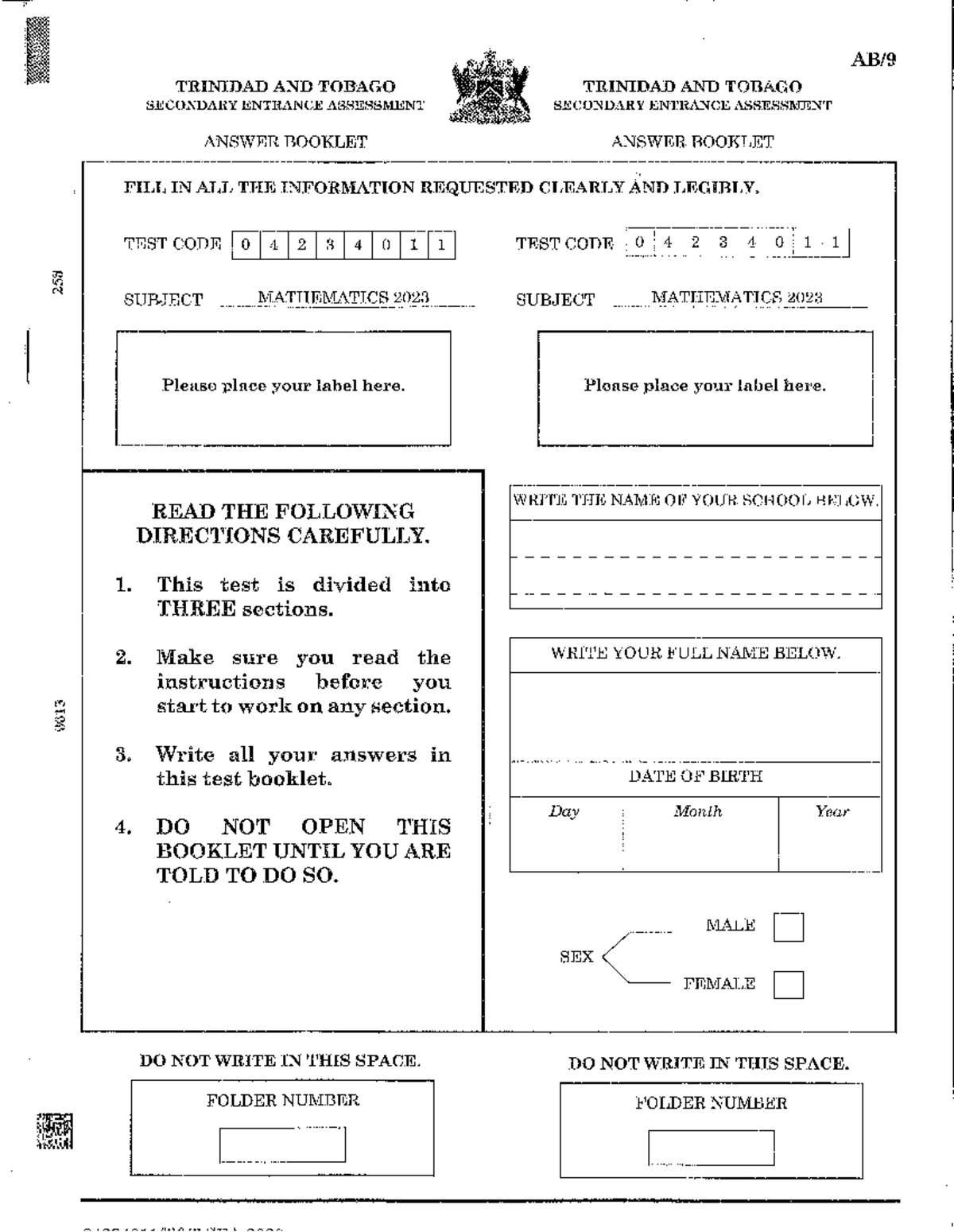 SEA 2023 Mathematics Secondary Entrance Assessment Answer Booklet - Studocu