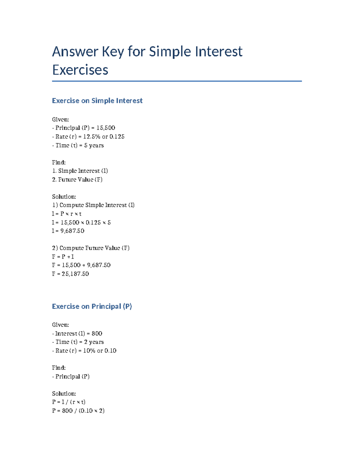 Answer Key for Simple Interest Exercises (FIN 101) - Studocu