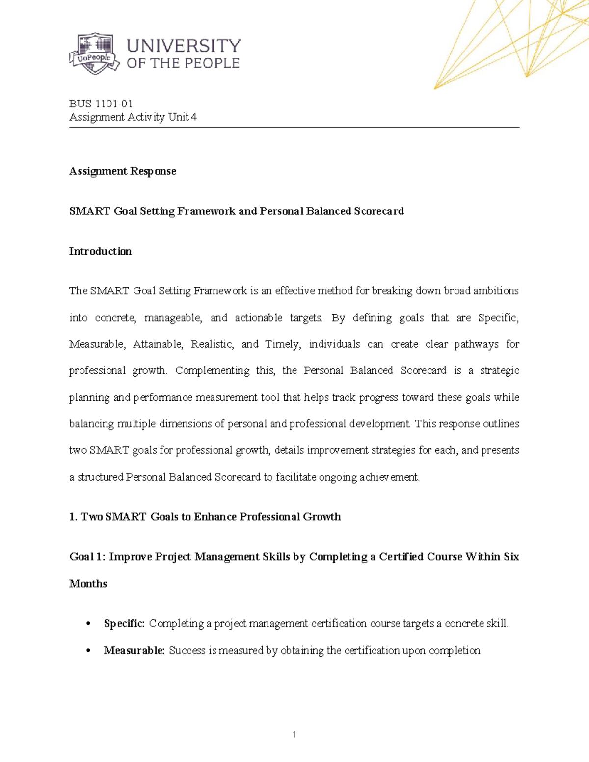 BUS 4 Assignment: SMART Goals & Personal Balanced Scorecard - Studocu