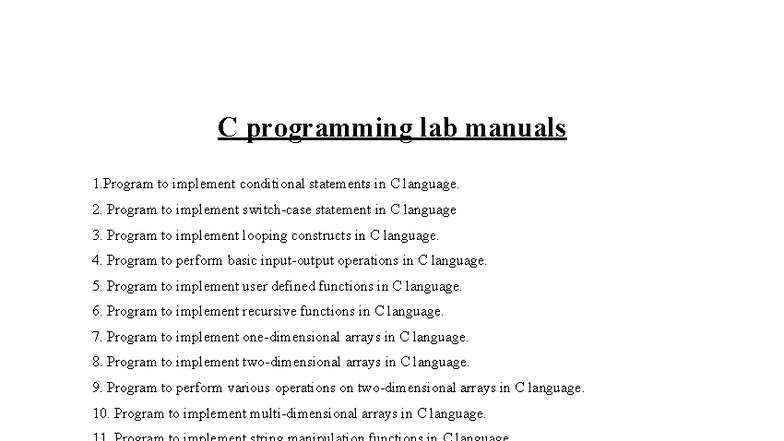 C Programming Lab Manual: Key Concepts & Implementations - Studocu