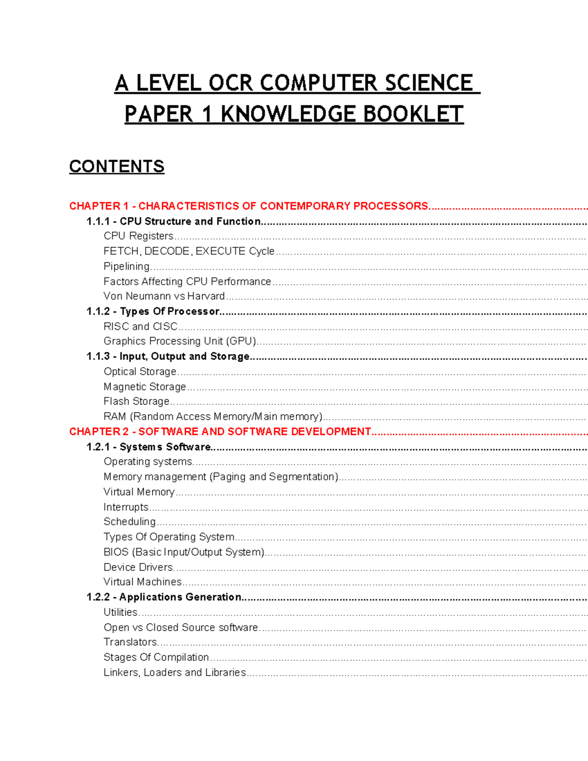A Level OCR Computer Science: Paper 1 Knowledge Booklet Overview - Studocu