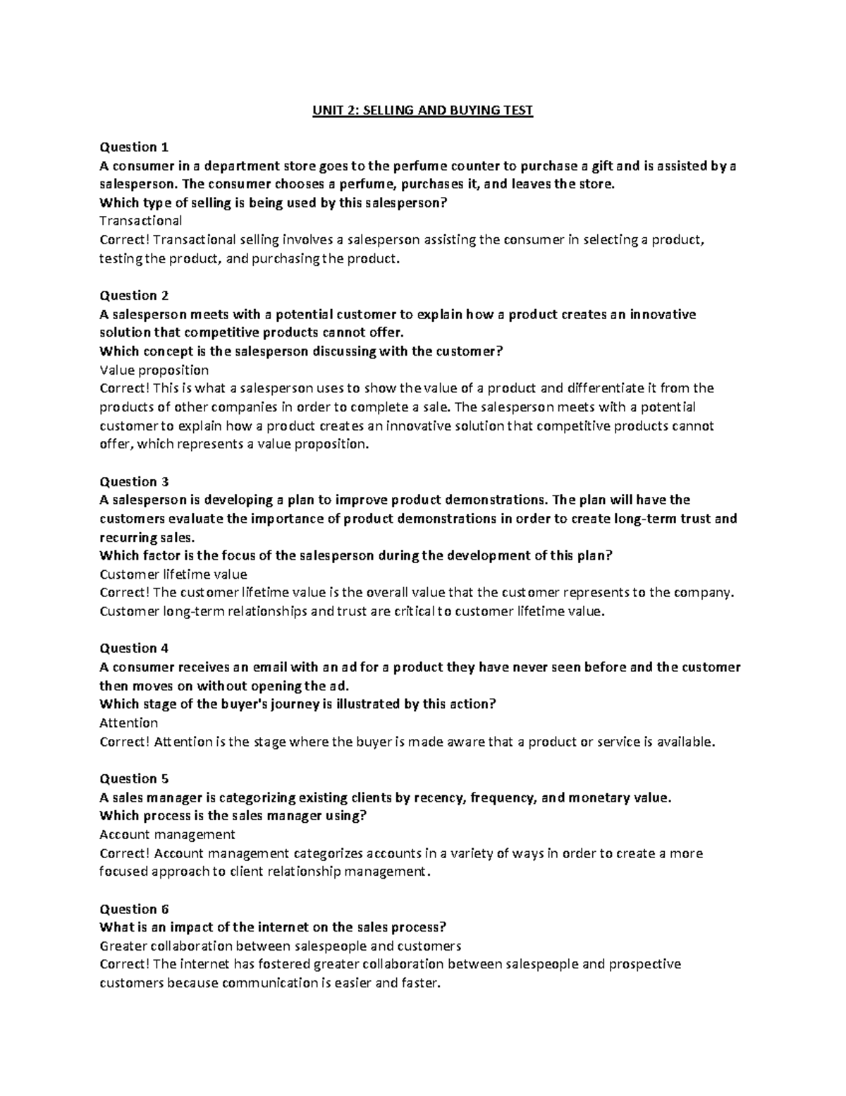 D099 Unit 2 Test - Selling and Buying Concepts Overview - Studocu