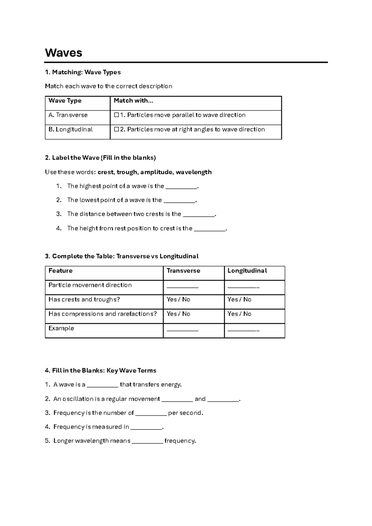 Waves Yr 9 Worksheet: Types, Terms, and Comparisons - Studocu