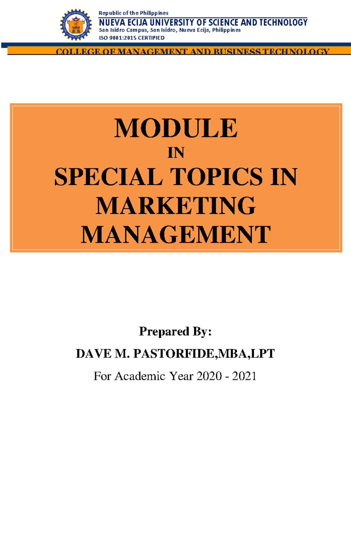 Special Topics in Marketing Management (Course Code: SPMM) Module ...