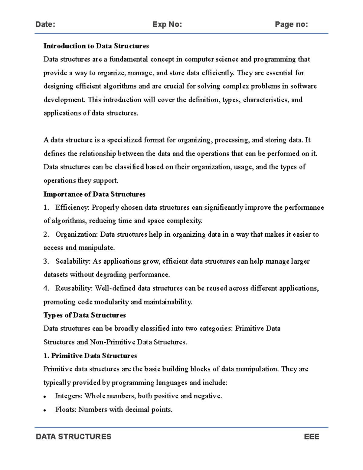 DS EEE - thank u - Introduction to Data Structures Data structures are ...