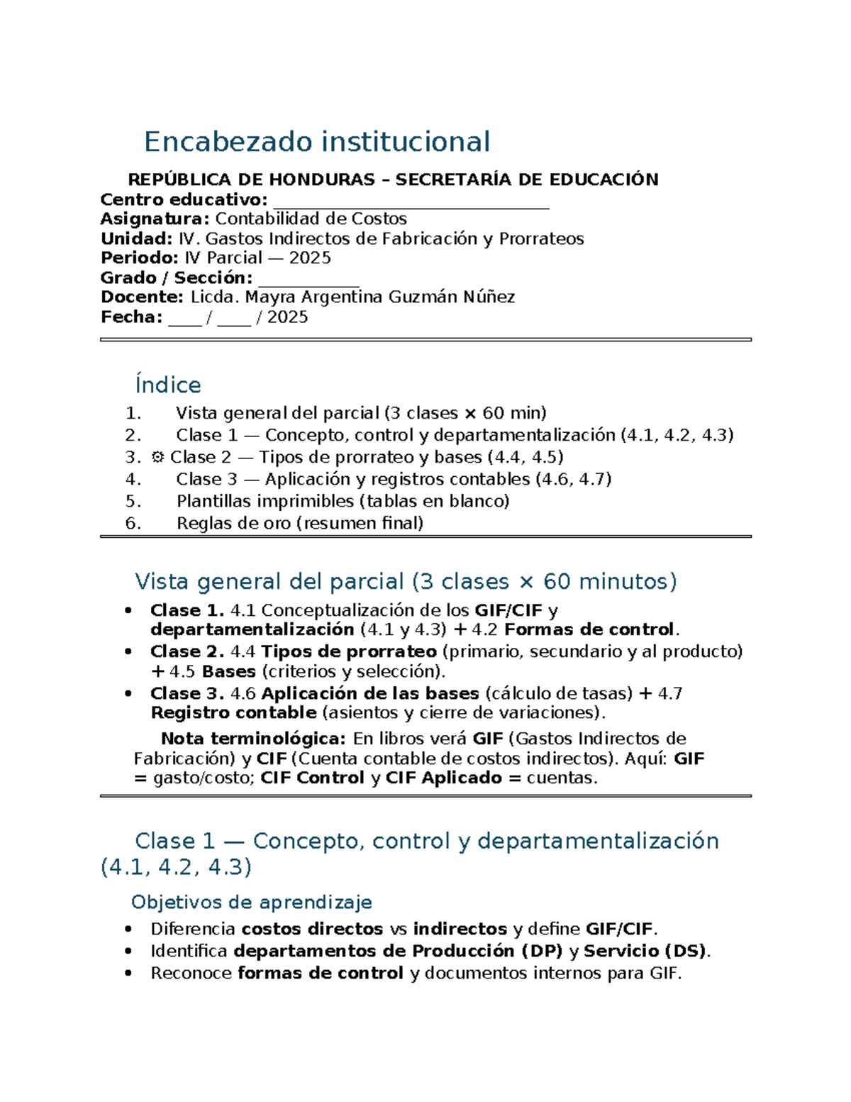 IV Parcial — Unidad GIF y Prorrateos (3 Clases de 60 Min) - Studocu
