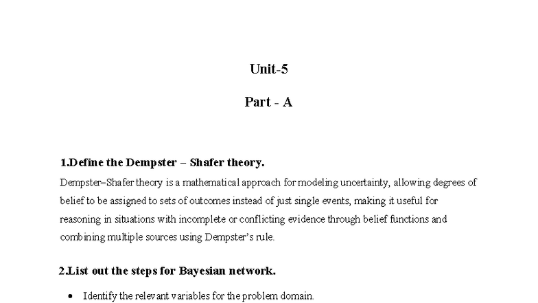 AI Unit-5 Notes: Dempster-Shafer, Bayesian Networks & Theorem - Studocu