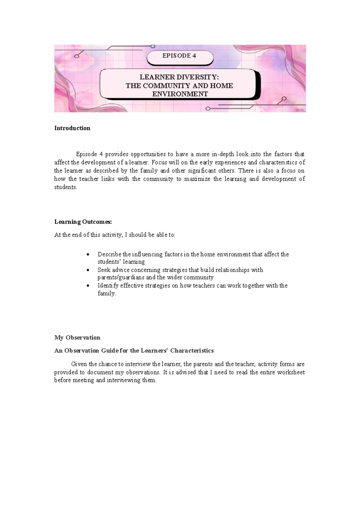 Episode 4: Learner Diversity in Community & Home Environment - Lecture ...