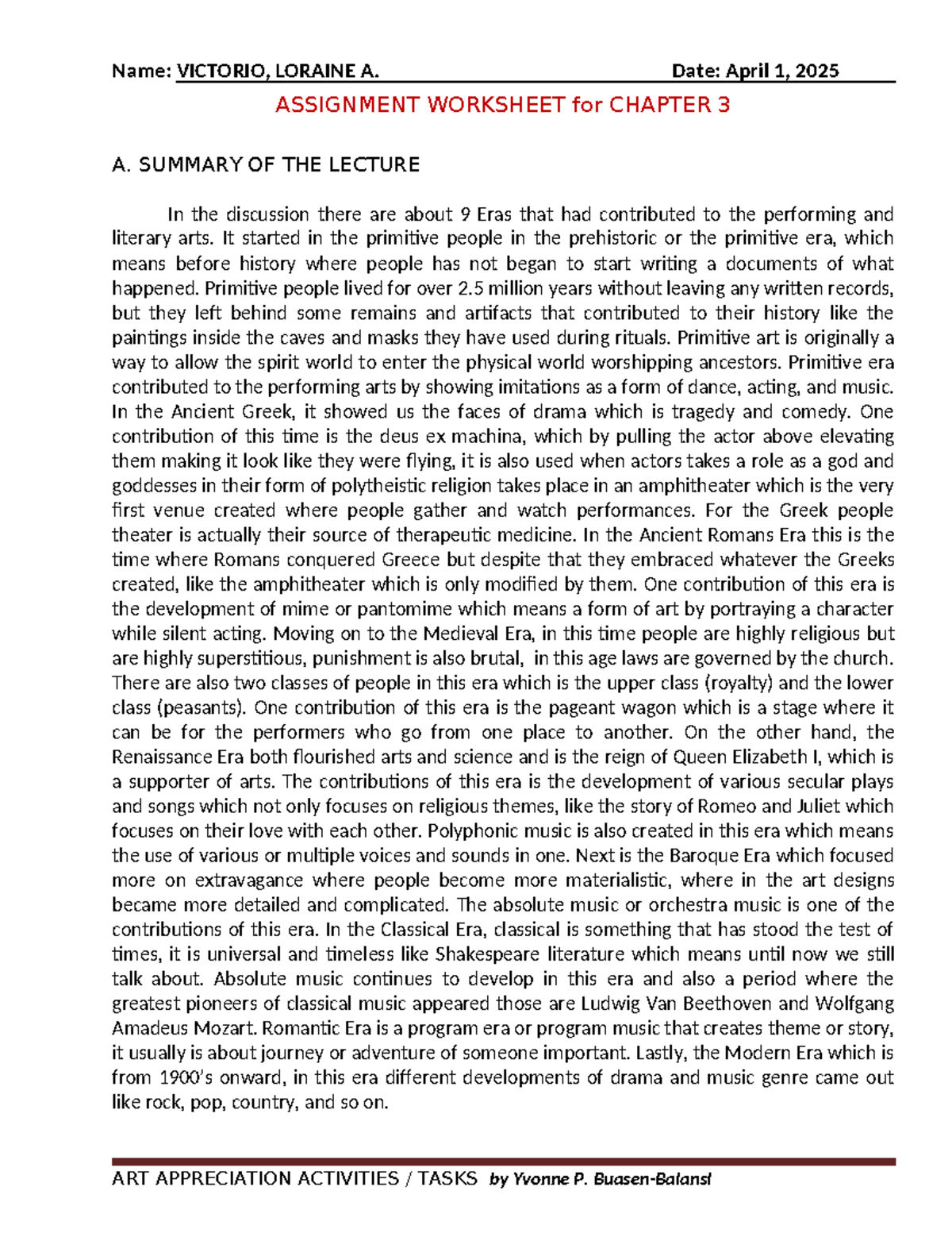 CHAPTER 3 ASSIGNMENT WORKSHEET: Eras in Performing Arts - Studocu