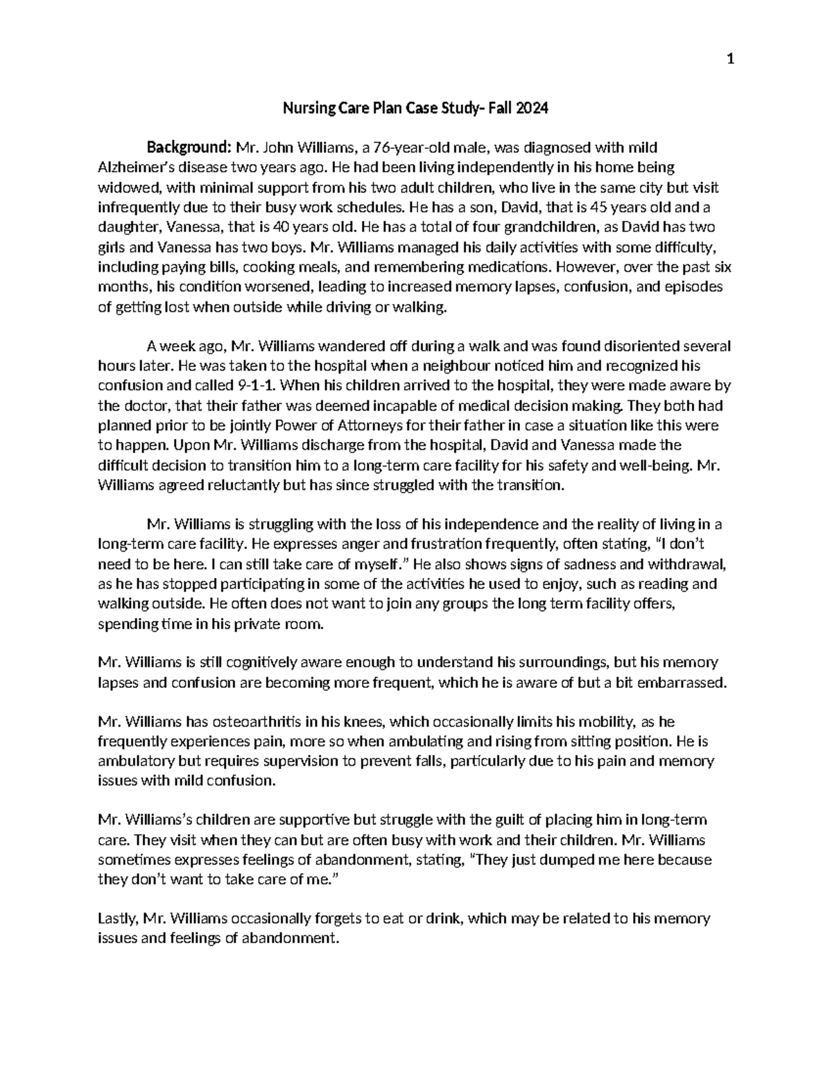 NCP Case Study- Cognitive Impairment - 1 Nursing Care Plan Case Study ...