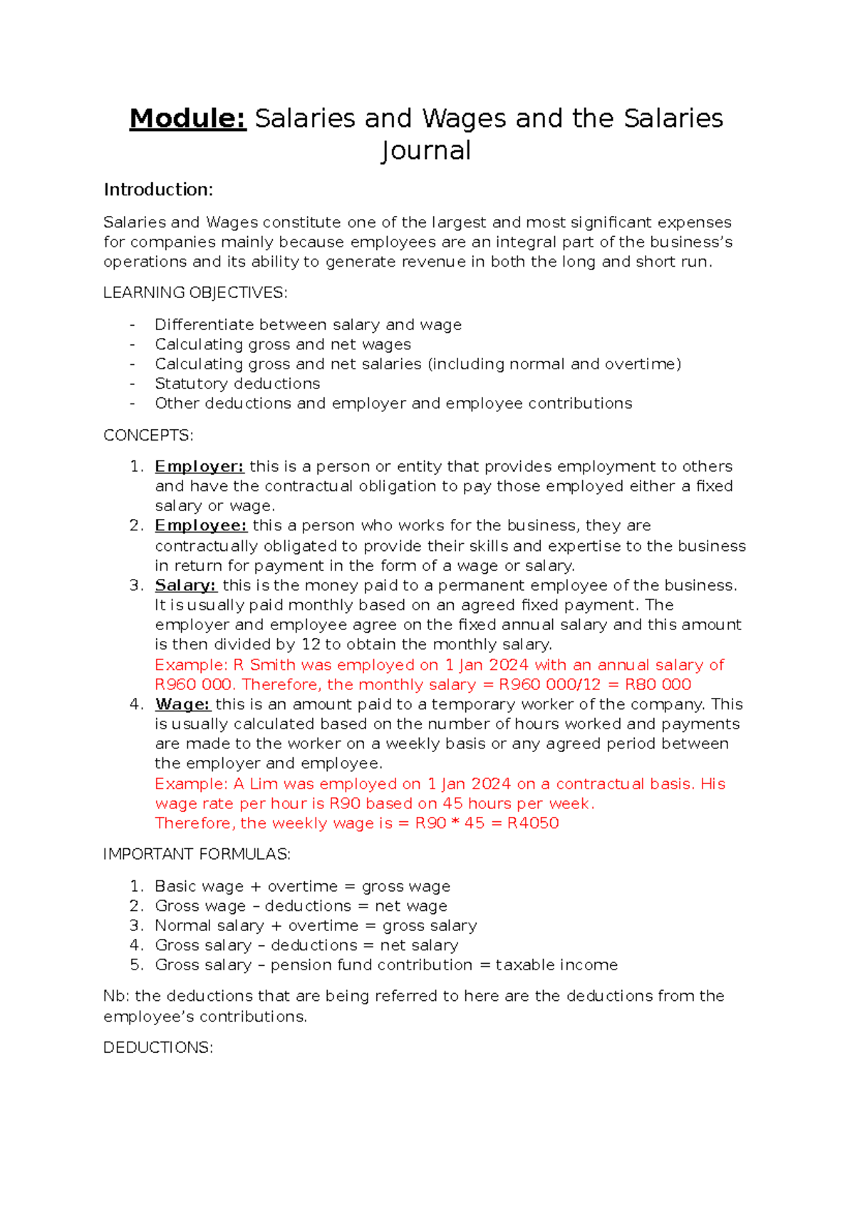 Salaries and Wages Module Notes (FIN 101) - Key Concepts & Calculations ...