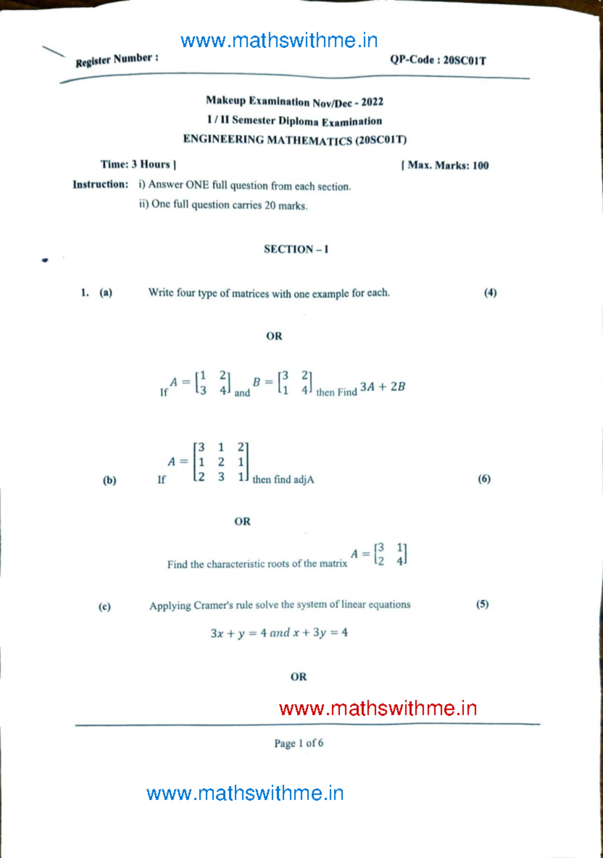 Makeup Exam 2022: Engineering Mathematics (20SC01T) - Studocu