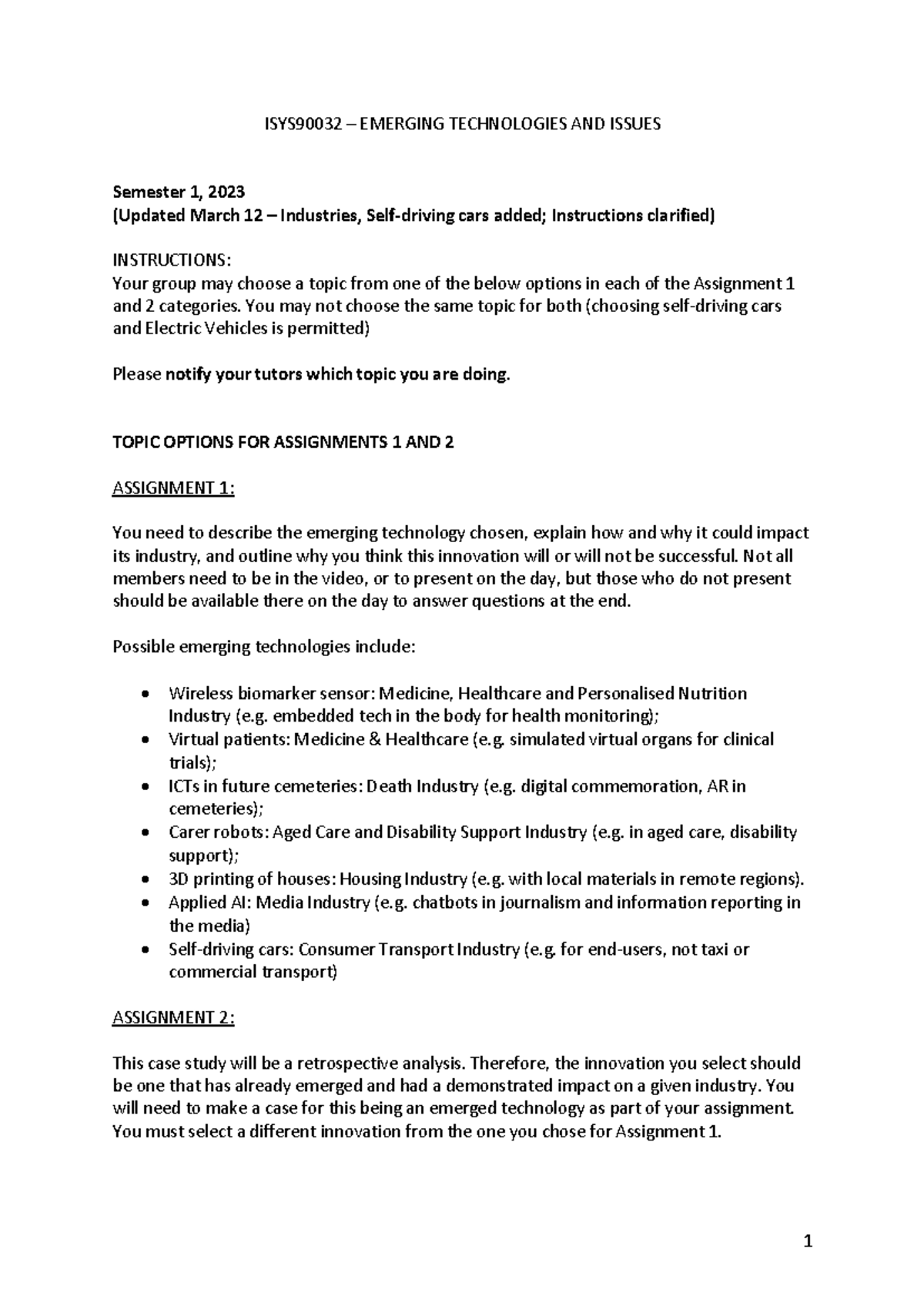 2023 Group Assignments topics Sem 1-updated - 1 ISYS90032 – EMERGING ...