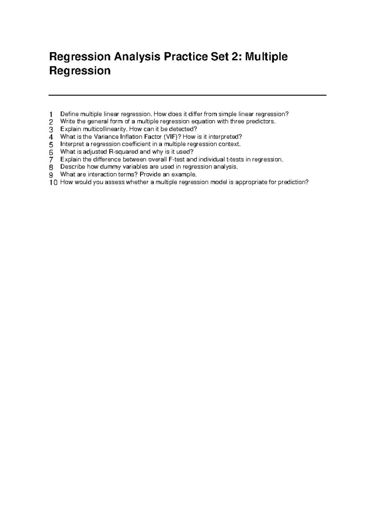 Regression Analysis Practice Set 2: Multiple Linear Regression Concepts ...