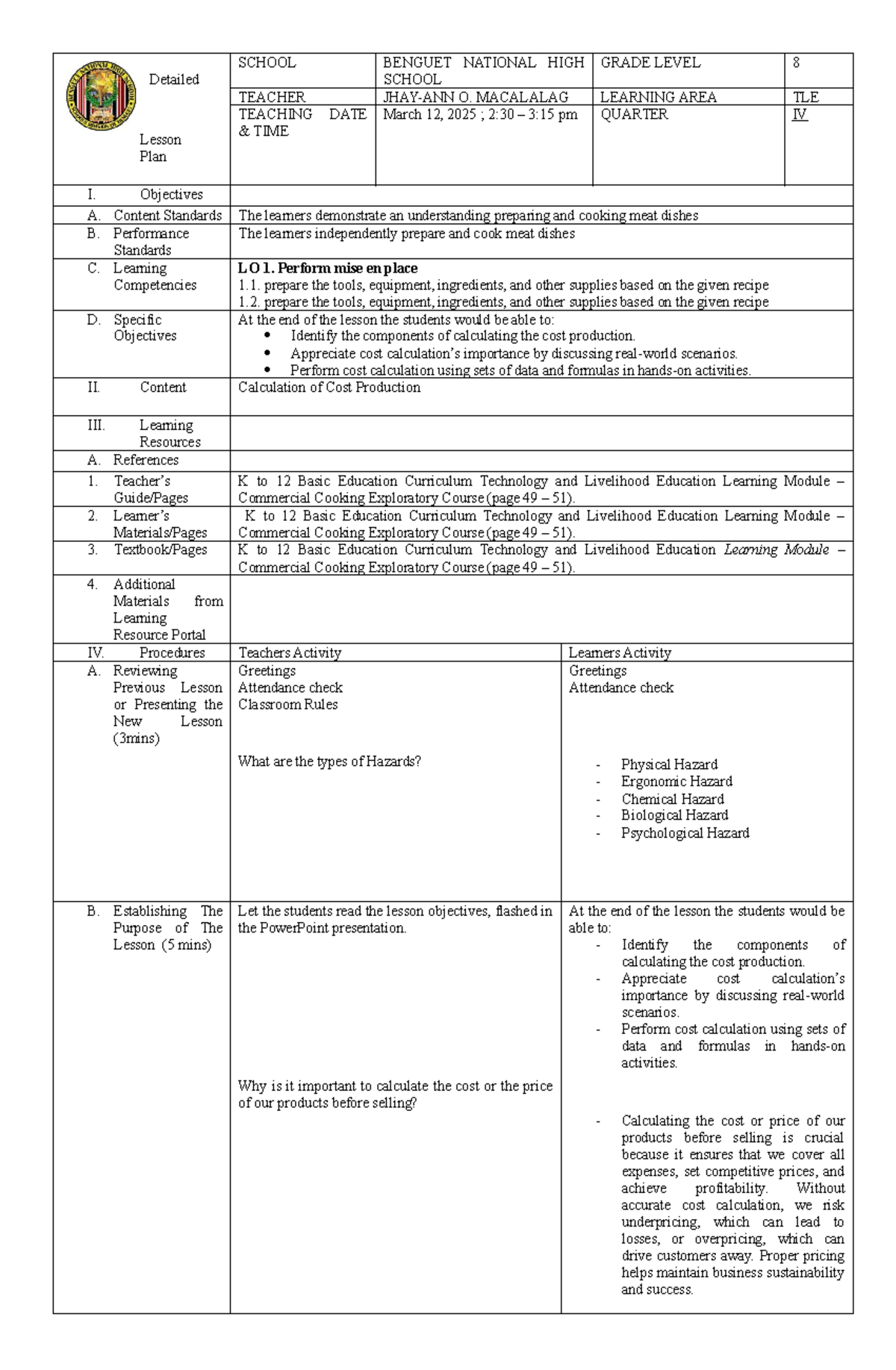 Detailed Lesson Plan for Grade 8 TLE: Cost Production Calculation - Studocu