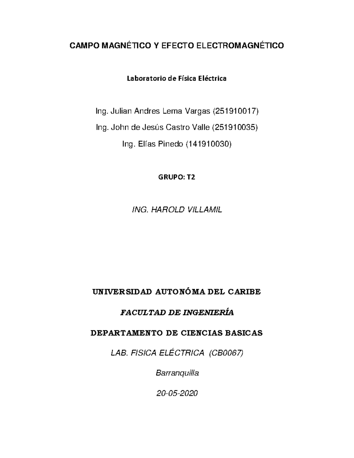 Informe Campo Magnético Lab. Fisica Electrica - Warning: TT: undefined function: 32 Warning: TT ...