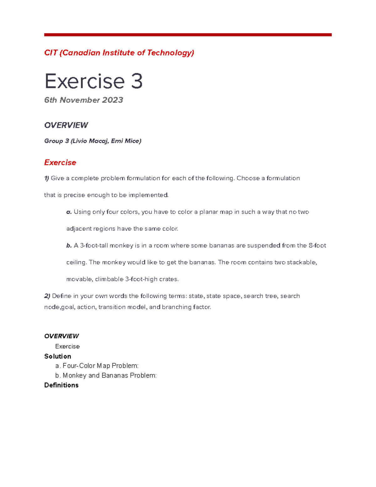 CIT Exercise 3: Problem Formulations on Map Coloring & Monkey Bananas ...