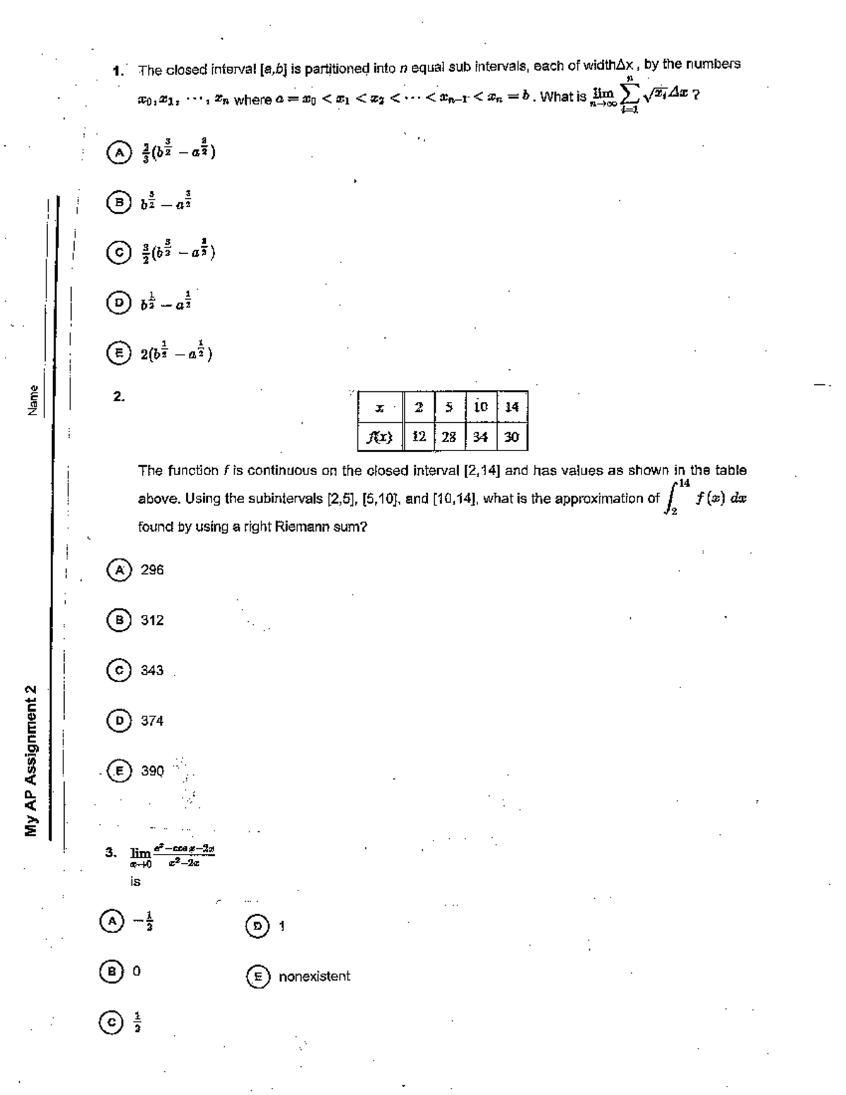 AP Calculus A2 Assignment #1-15: Riemann Sums & Limits Analysis - Studocu