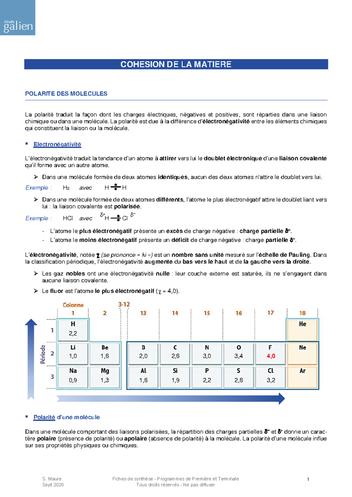 Chimie - Fiche 3 - Cohésion de la Matière et Polarité des Molécules ...