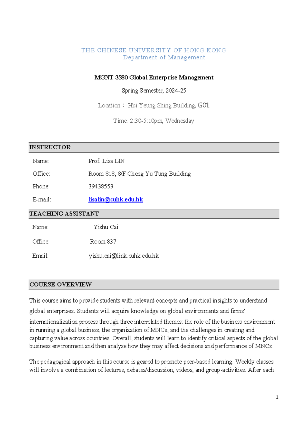 MGNT3580 Course Outline: Global Enterprise Management (Spring 2024-25 ...