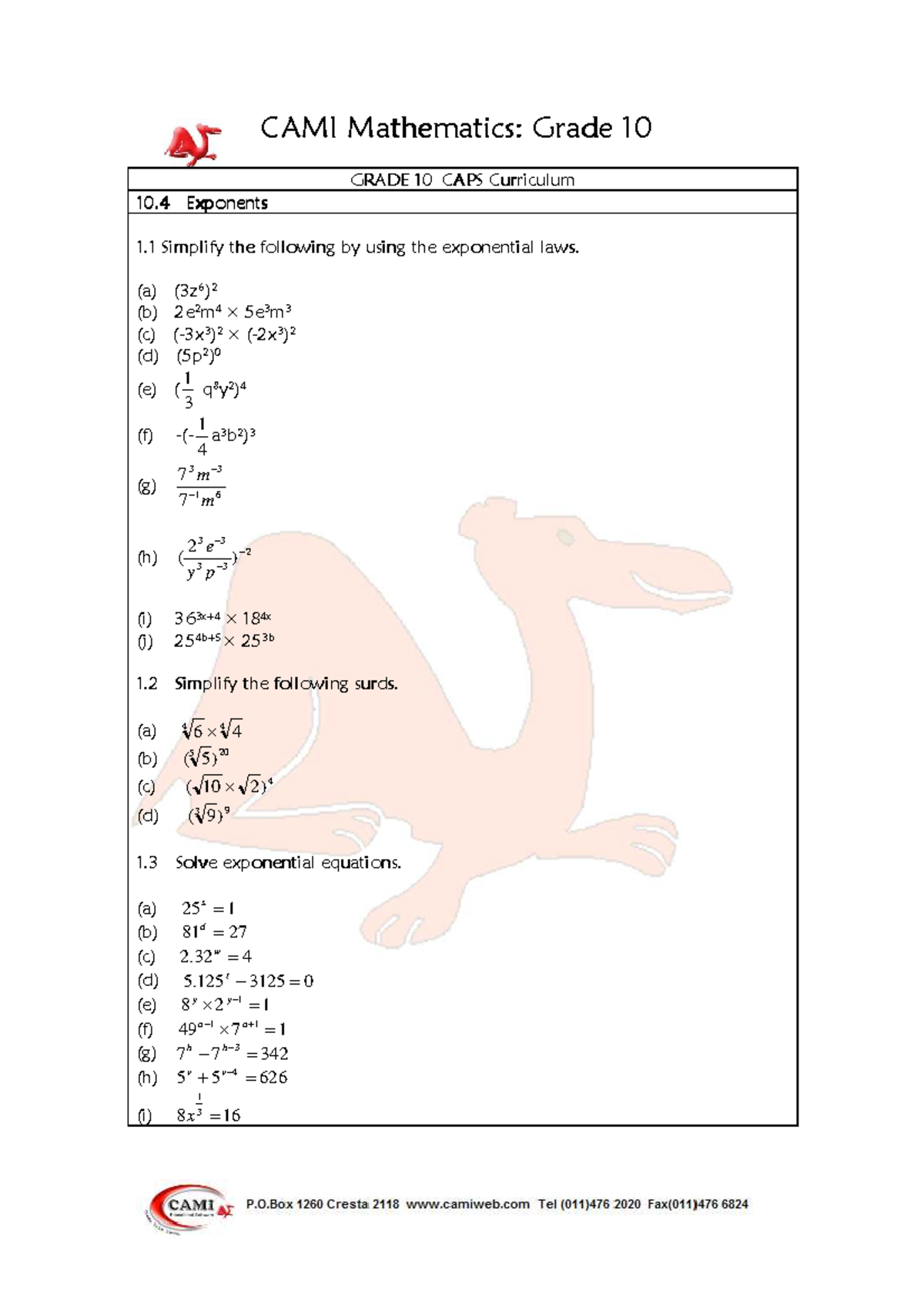 Grade 10 CAMI Mathematics: Exponents Simplification and Equations - Studocu
