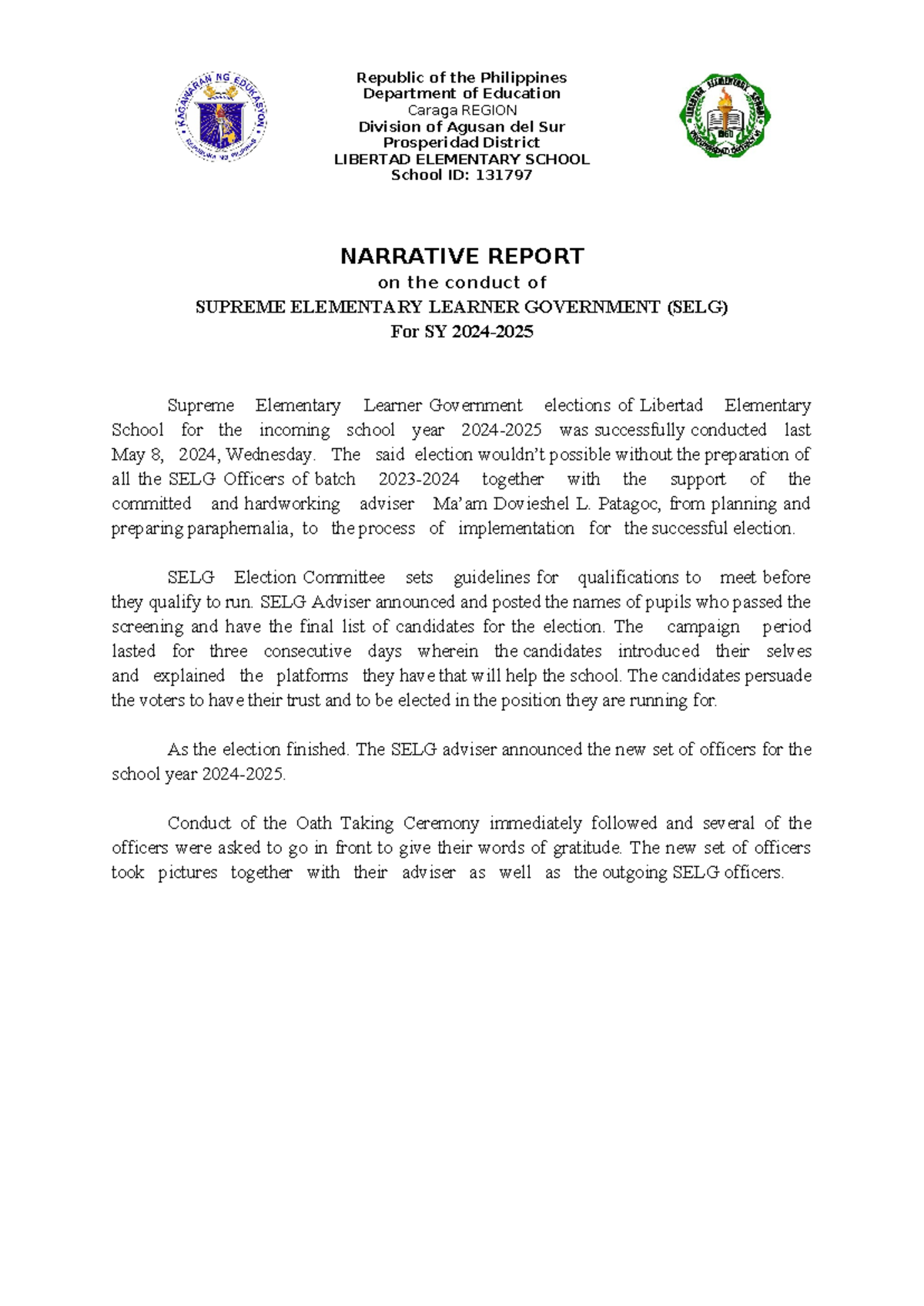Narrative Report on SELG Elections for SY 2024-2025 - Studocu