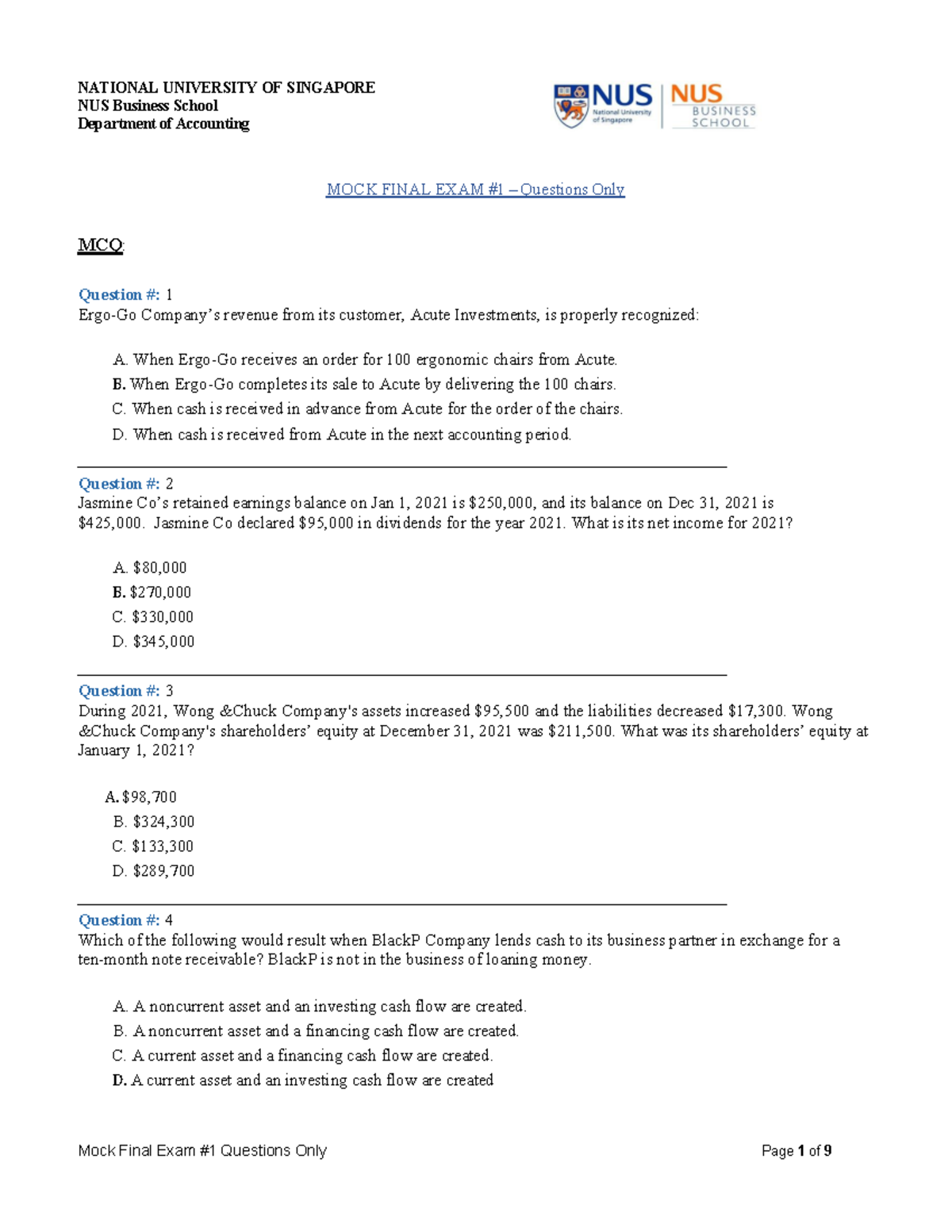 NUS ACC Mock Final Exam Questions Only - Studocu