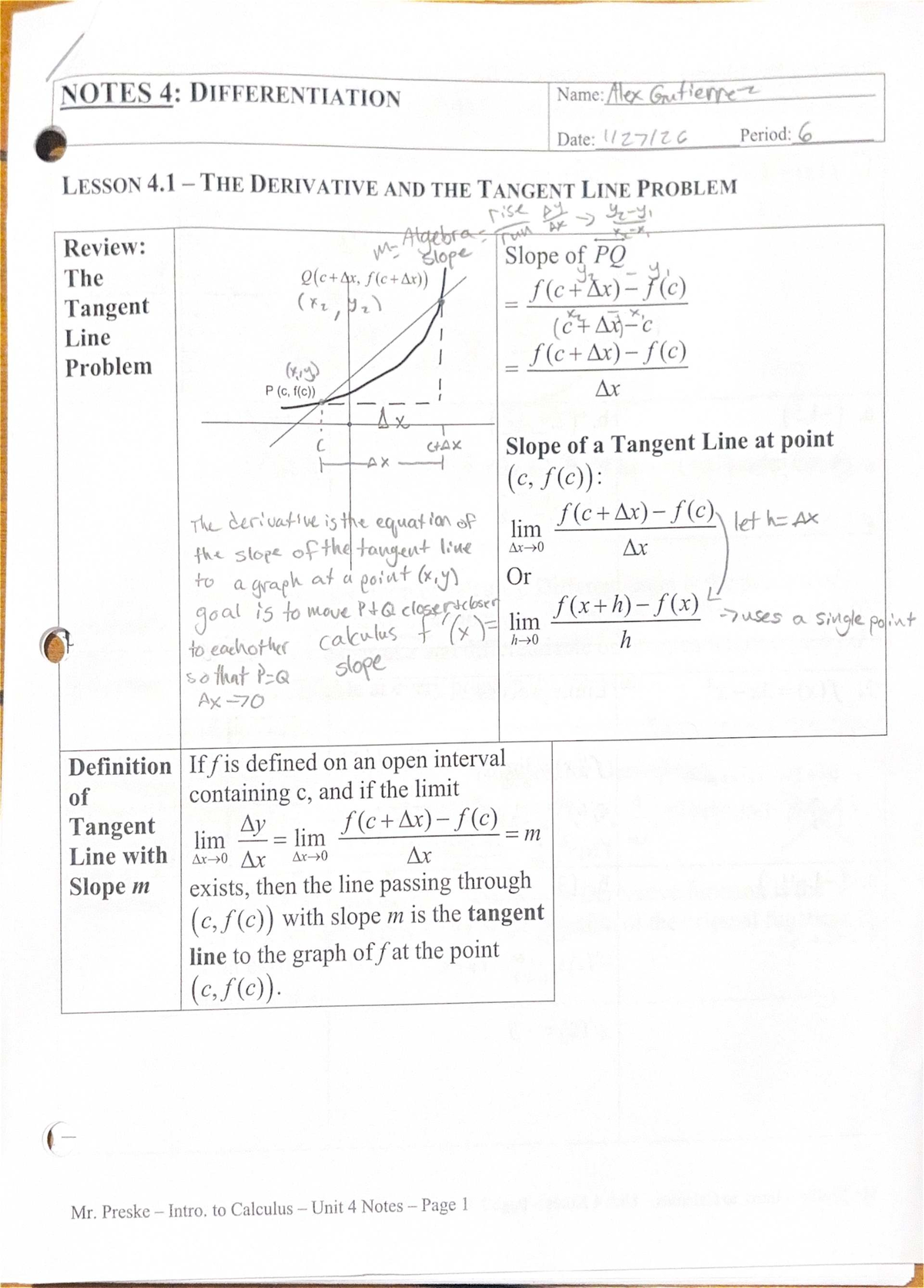 Intro to Calculus Unit 4: Differentiation and Tangent Lines Notes - Studocu