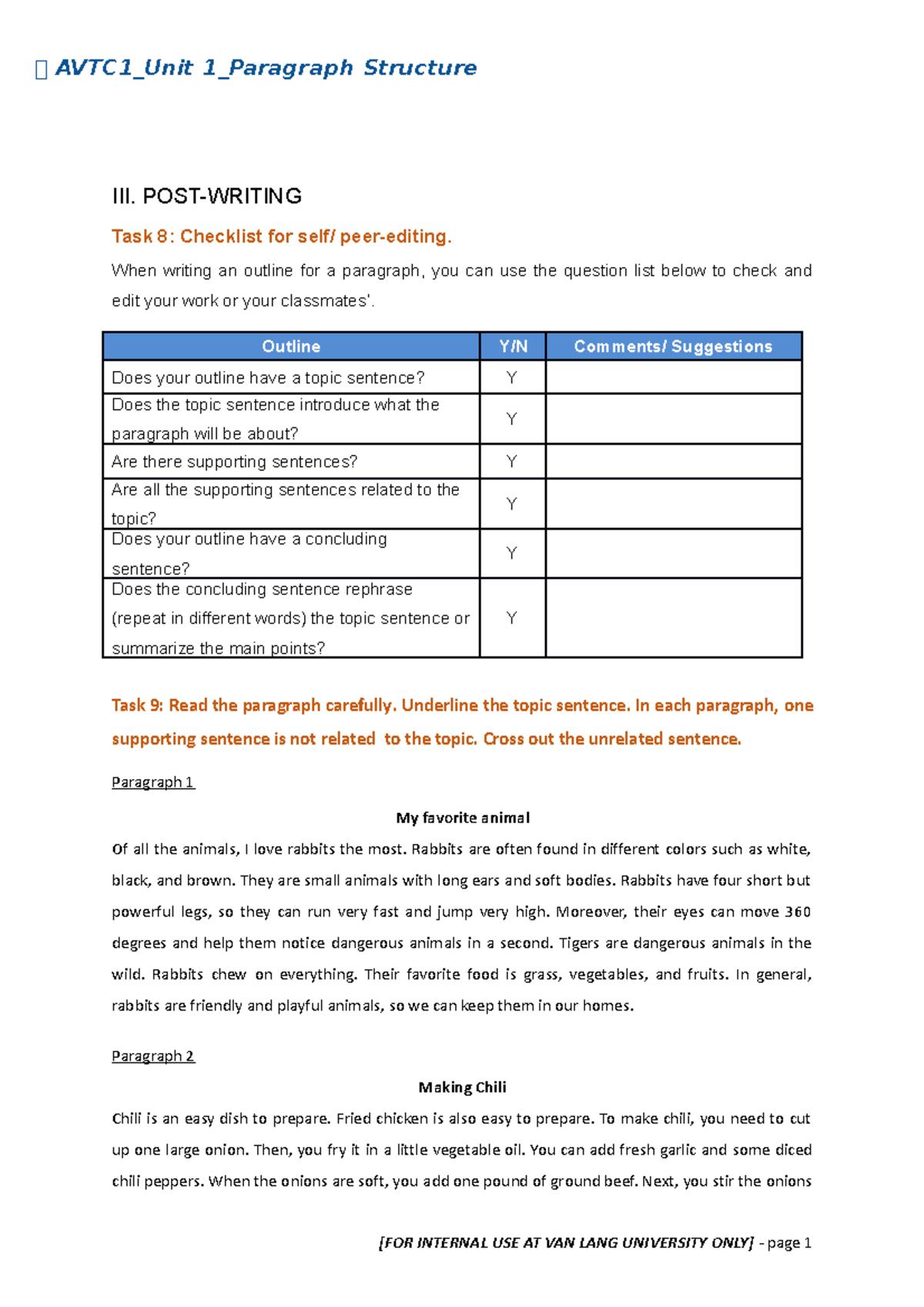 [Official] AVTC1 - Unit 1 - Paragraph Structure - After class - 🐀 AVTC1 ...