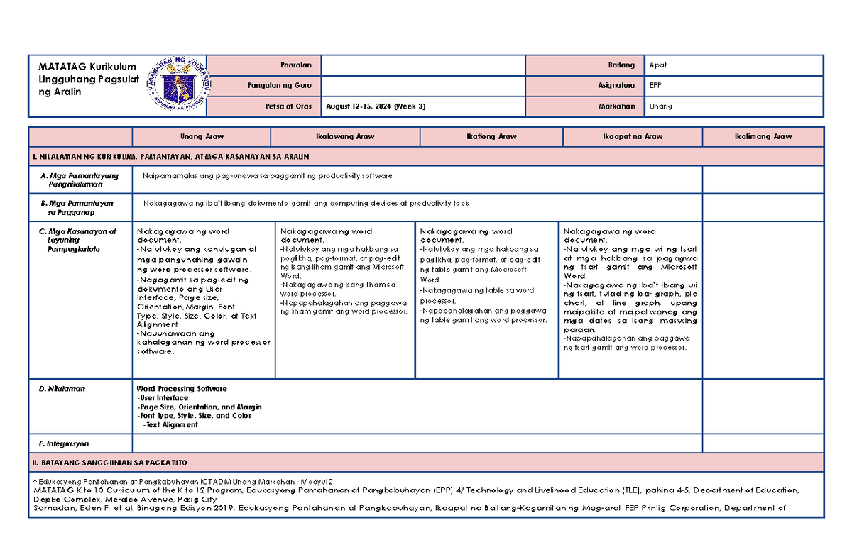 MATATAG EPP Lesson Plan on Word Processing Skills for Grade 4 (Week 3 ...