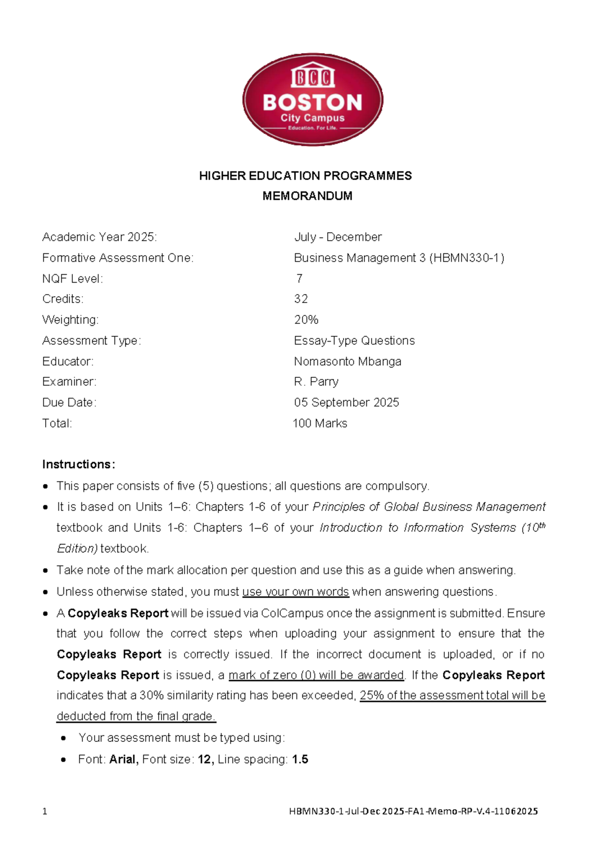 HBMN330-1: July-Dec 2025 Formative Assessment 1 Memo on Business ...