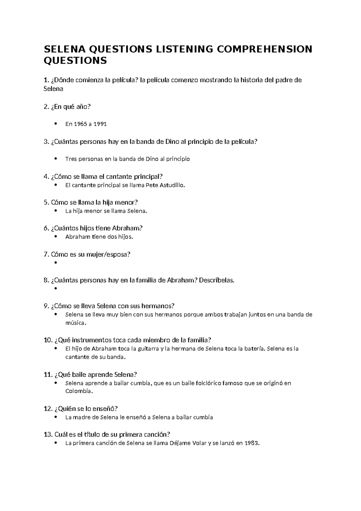 Selena Listening Comprehension Questions - Detailed Q&A Breakdown - Studocu