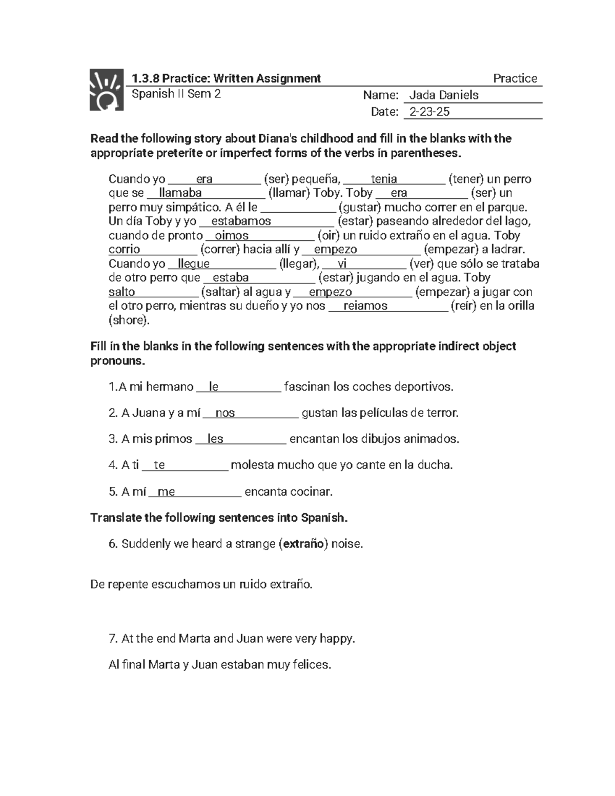 Spanish II Sem 2: 1.3.8 Written Assignment Practice Guide - Studocu