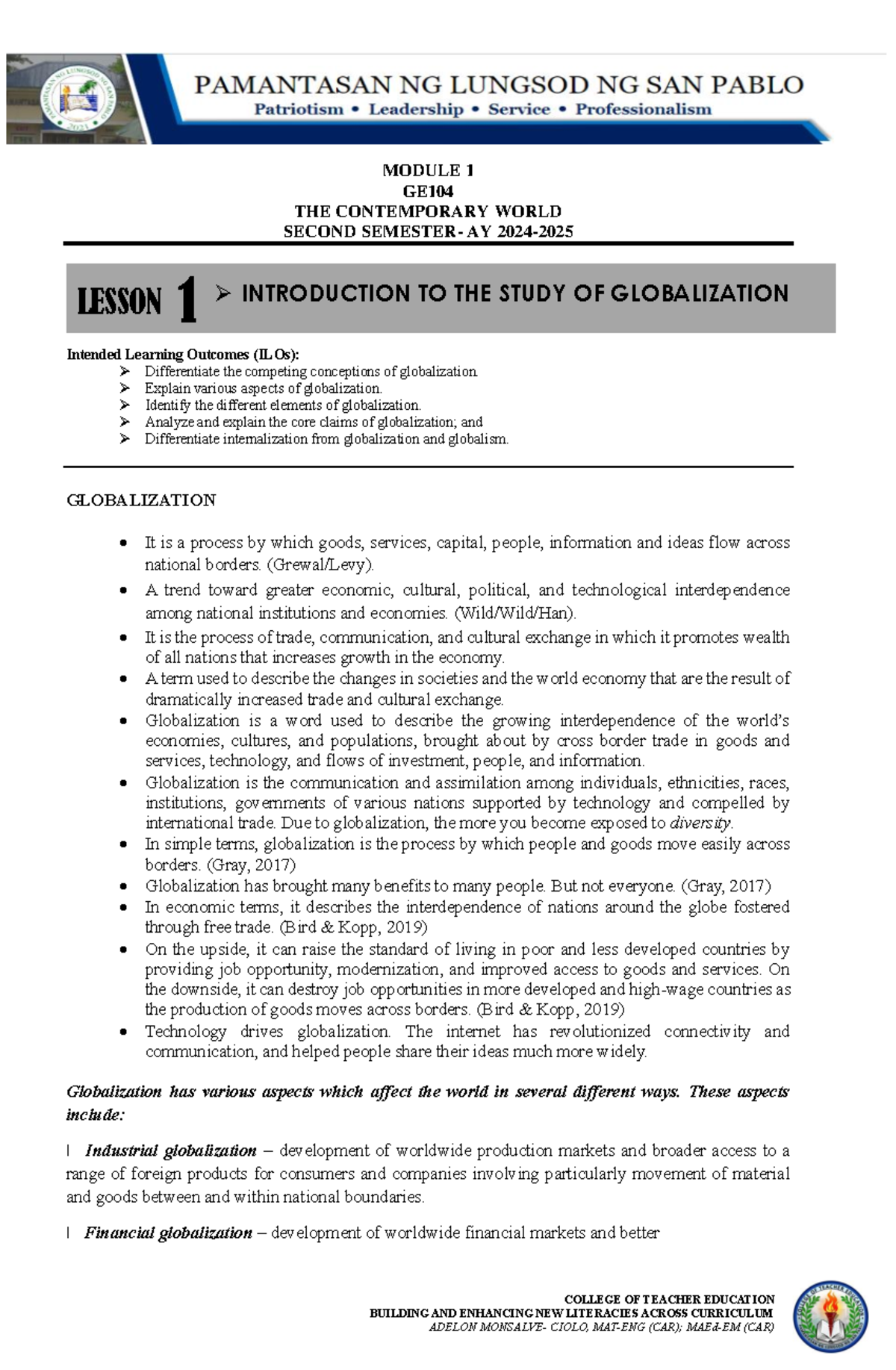 GE104 Module 1 - COLLEGE OF TEACHER EDUCATION BUILDING AND ENHANCING NEW LITERACIES ACROSS - Studocu