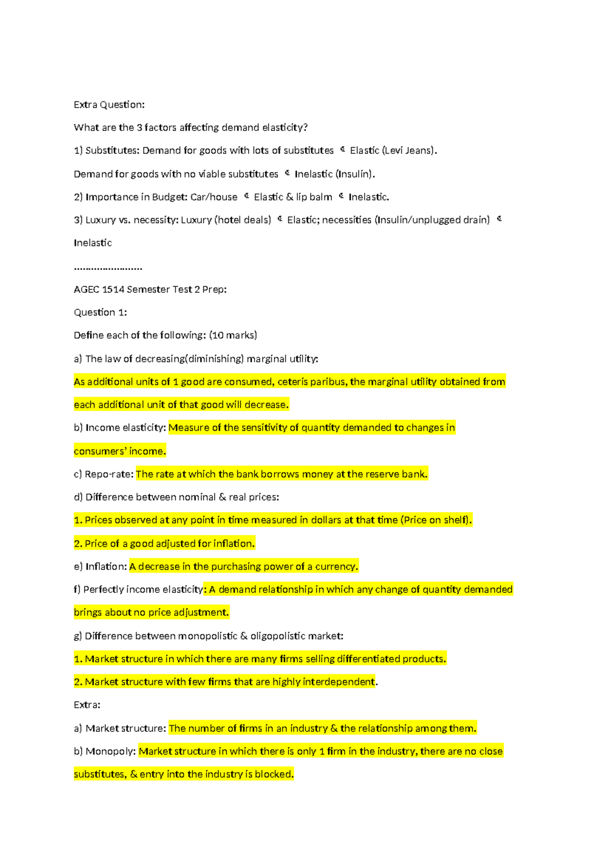 AGEC 1514 Semester Test 2 Prep: Demand Elasticity & Market Structures ...
