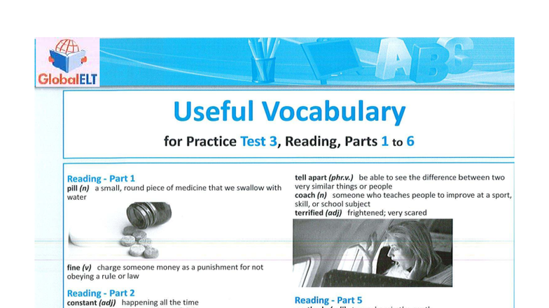 GlobalELT Vocabulary for Practice Test 3: Reading Parts 1-6 - Studocu