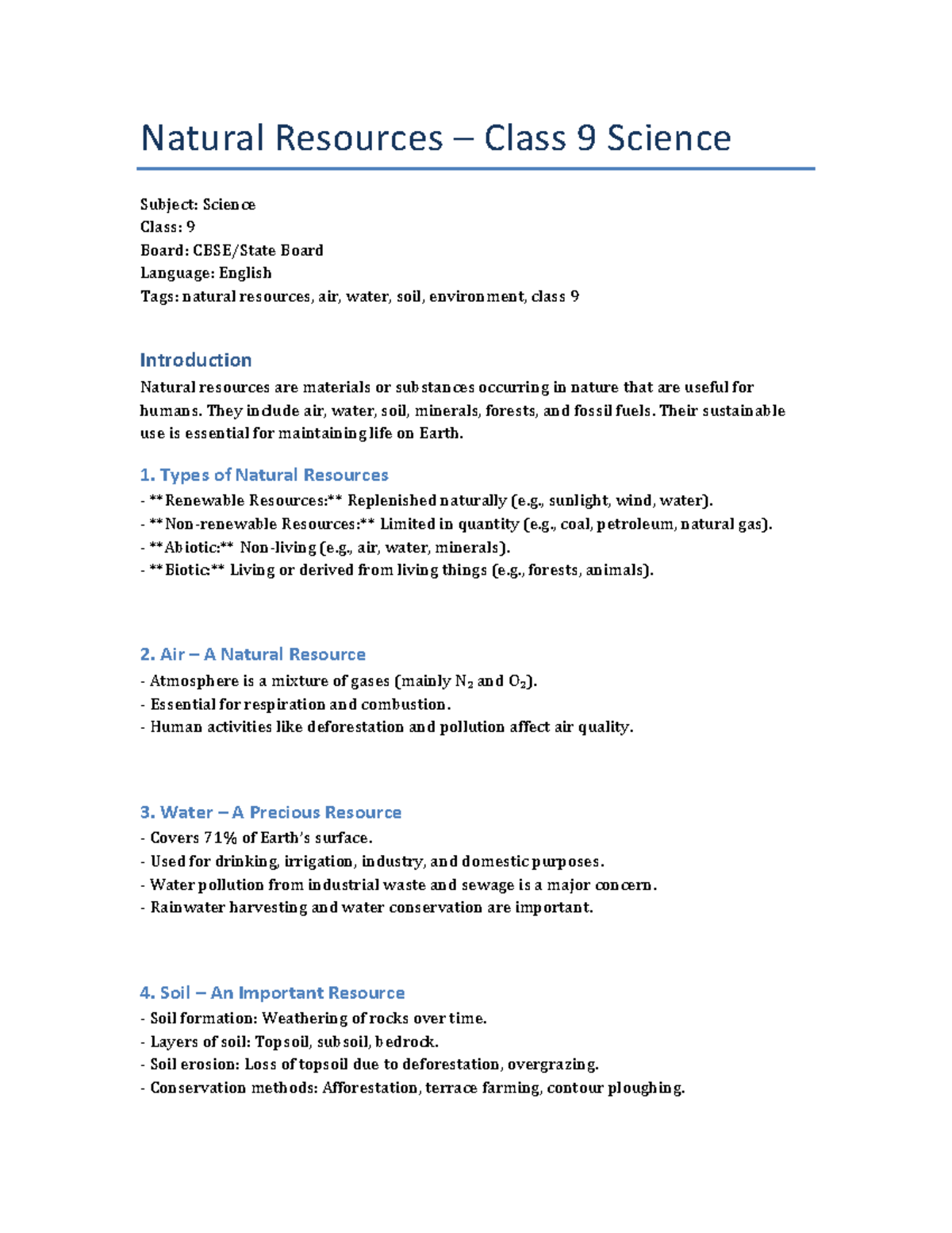 Natural Resources Overview for Class 9 Science - Studocu