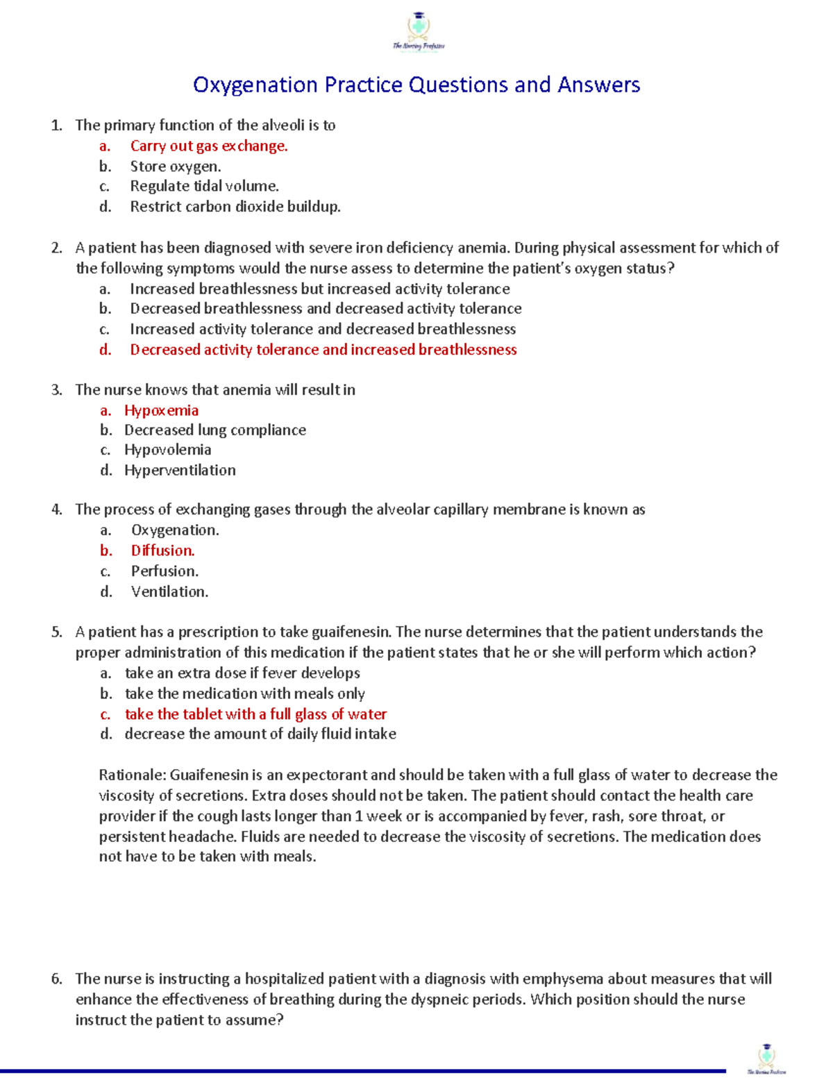 Oxygenation Practice Questions and Answers (O2) - Studocu