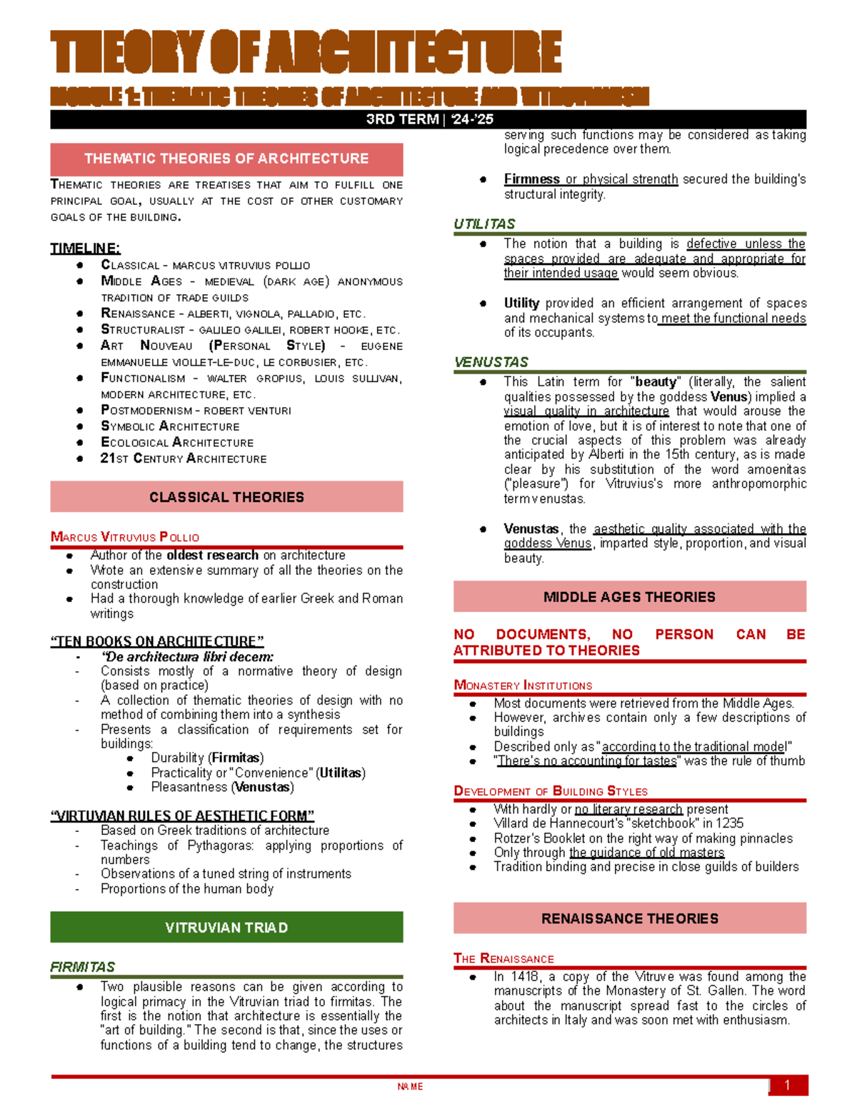 THEORY OF ARCHITECTURE MODULE 1: THEMATIC THEORIES & VITRUVIANISM - Studocu