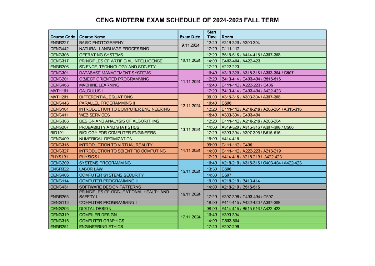 CENG MIDTERM EXAM SCHEDULE 2024-2025 FALL TERM - Studocu