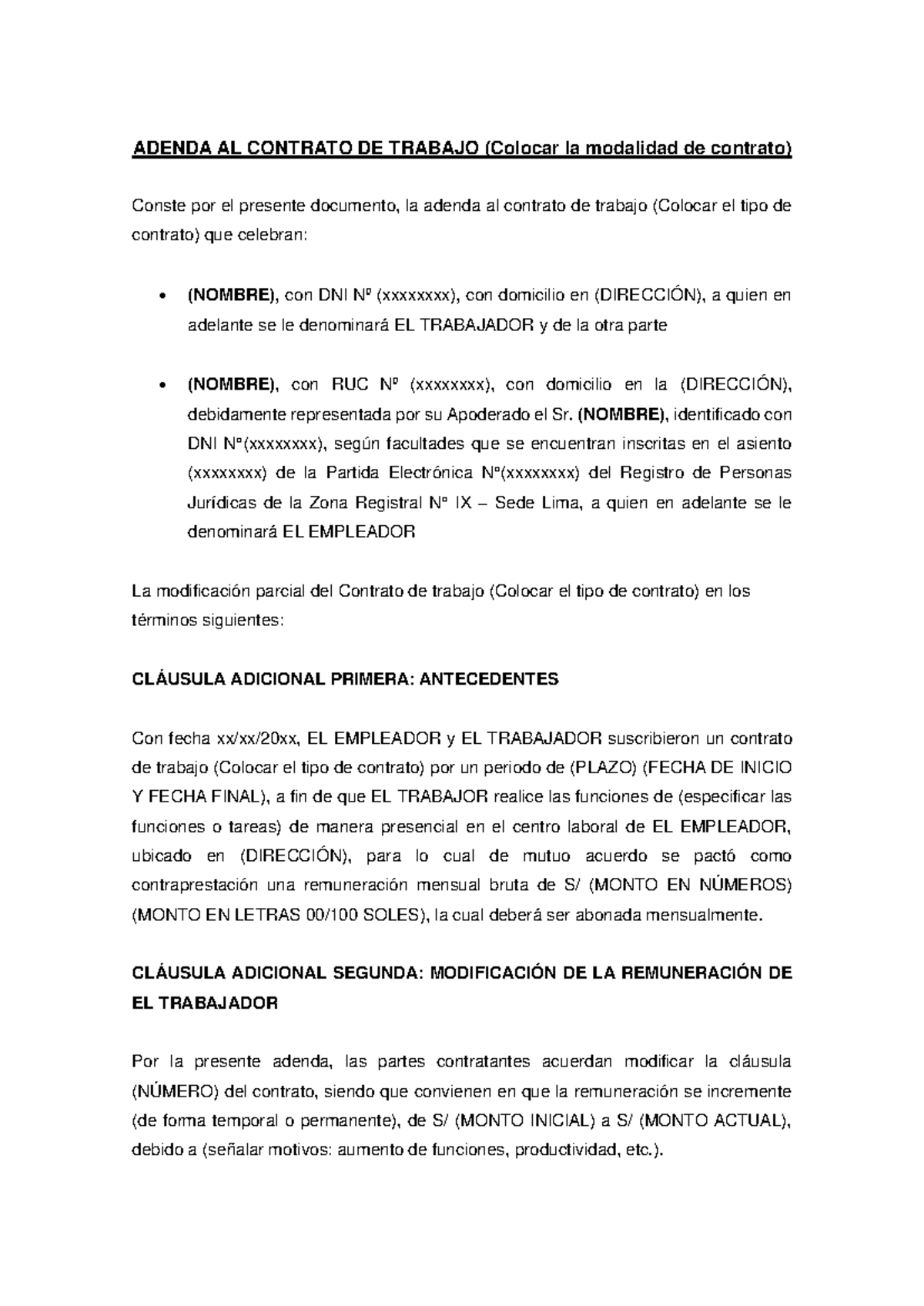 Adenda al Contrato Laboral: Modificación de Sueldo y Cláusulas - Studocu