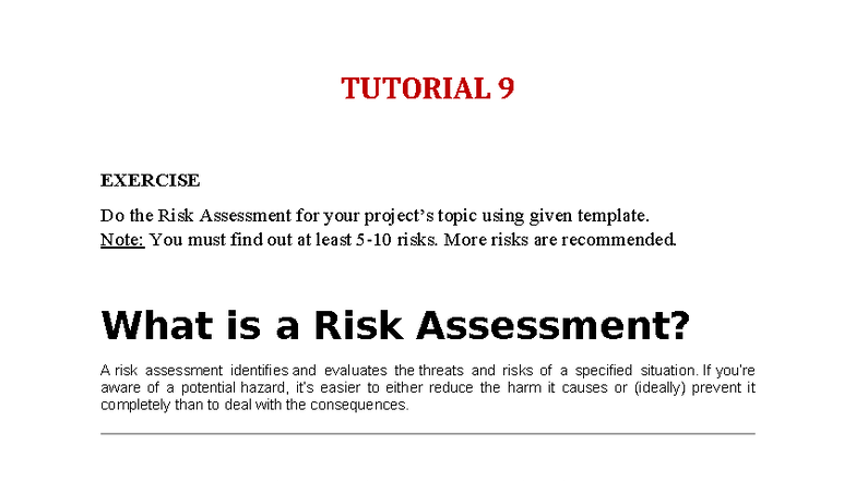 SPM TUTORIAL 9: Risk Assessment Exercise Guide - Studocu