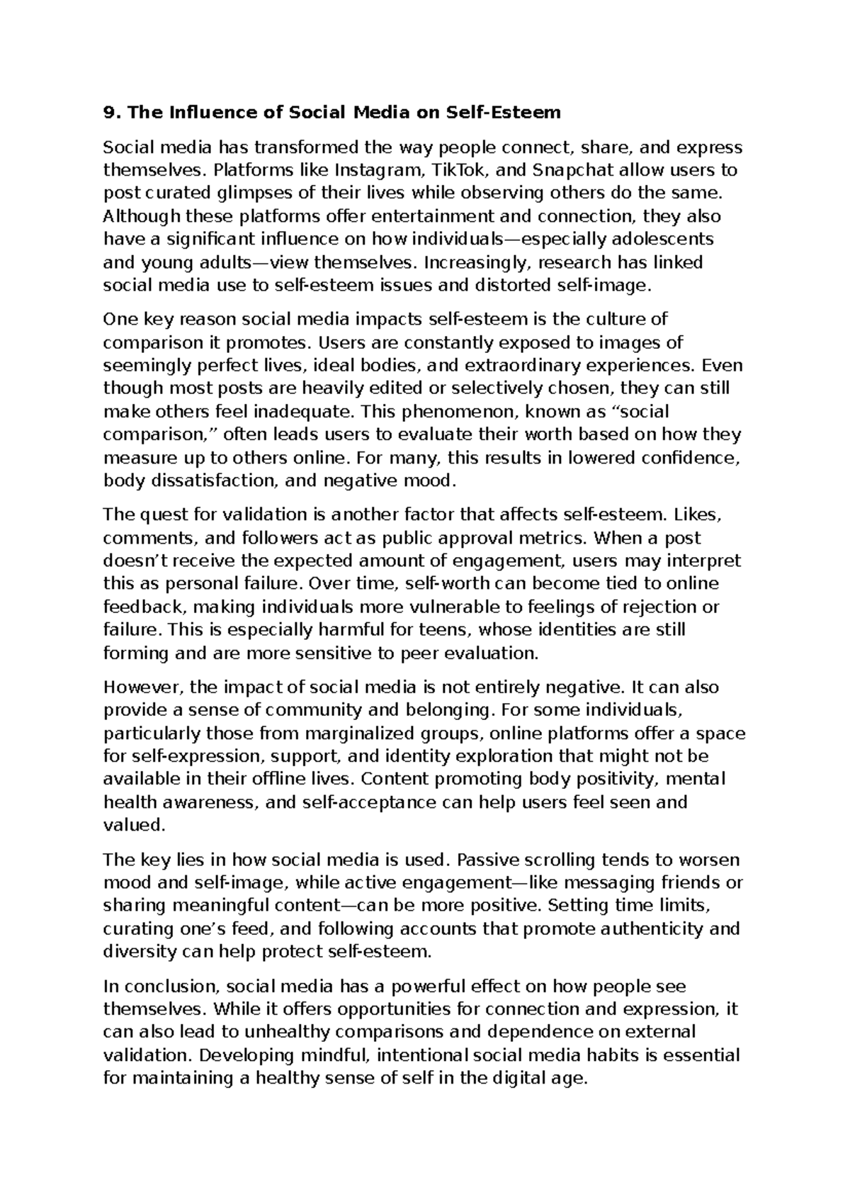 9. The Impact of Social Media on Self-Perception and Well-Being - Studocu