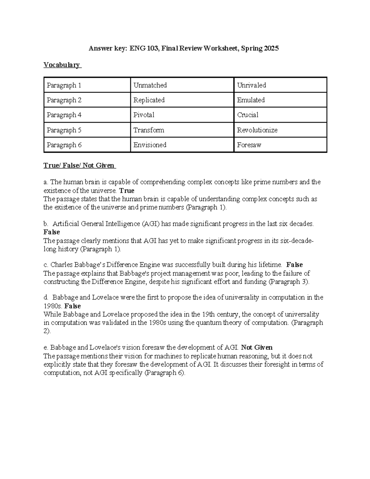 Answer Key: ENG 103, Final Review Worksheet, Spring 2025 - Studocu