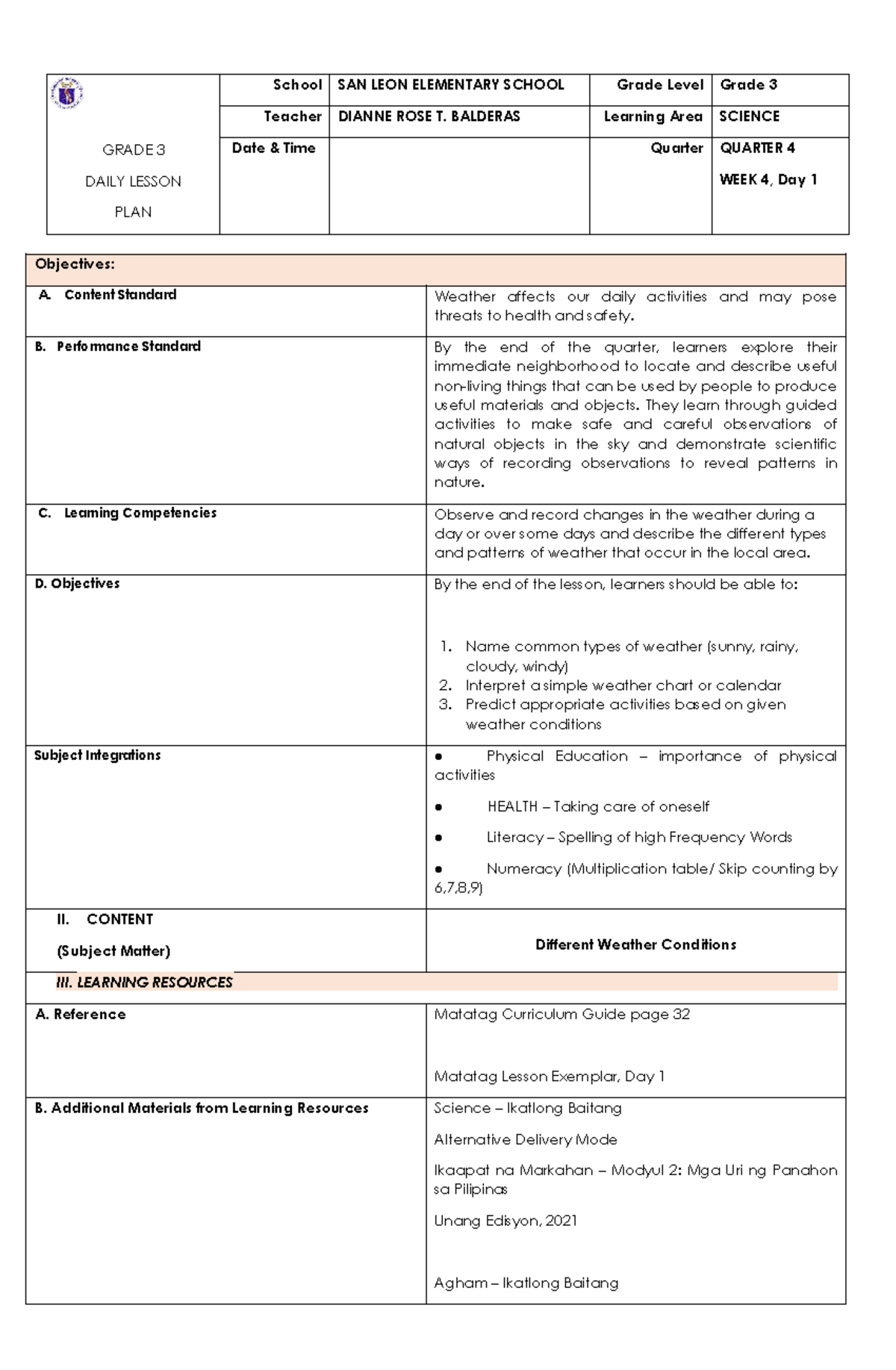 Grade 3 Science Lesson Plan: Weather - Quarter 4, Week 4 - Studocu