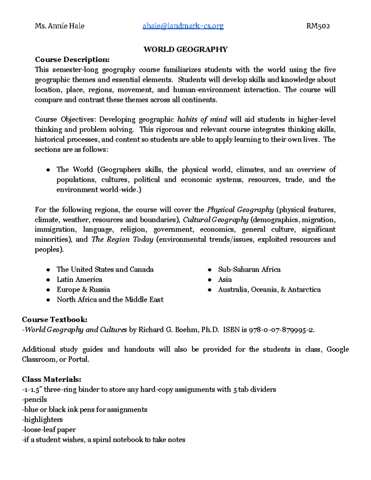 World-Geography-Syllabus - WORLD GEOGRAPHY Course Description: This ...