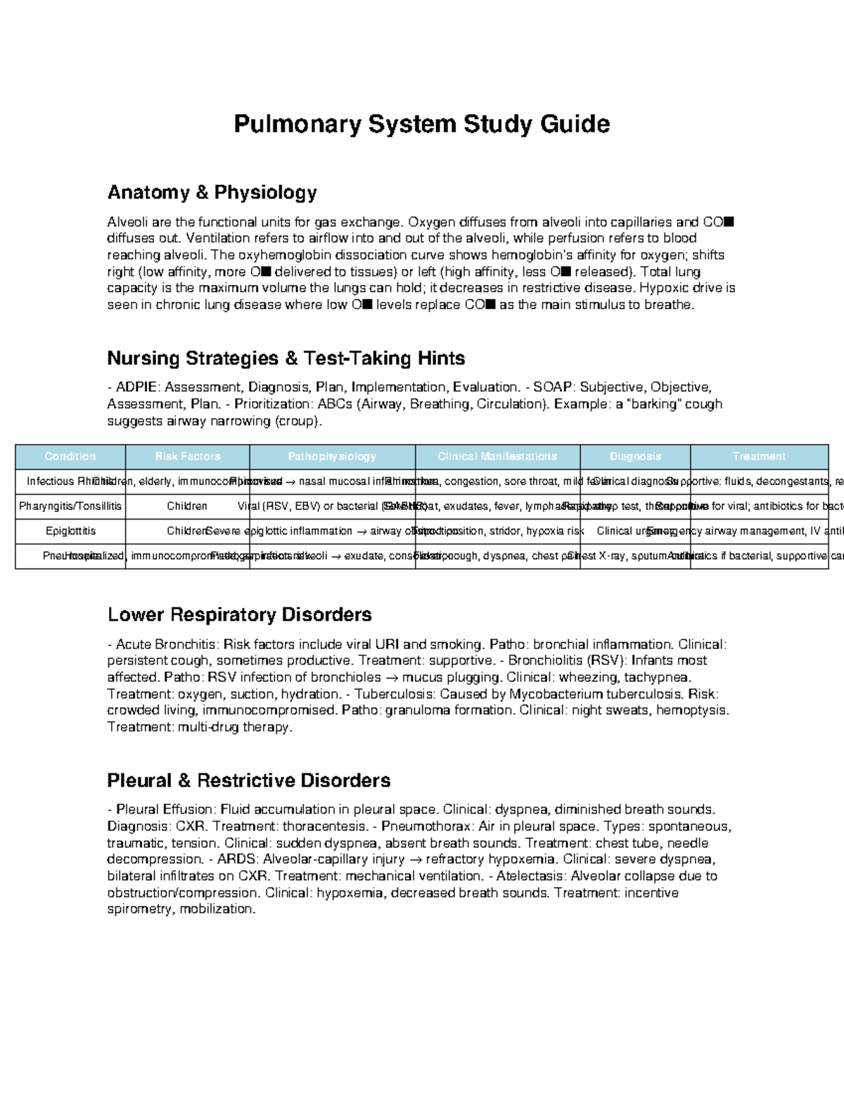 Pulmonary System Study Guide: Anatomy & Physiology Insights - Studocu