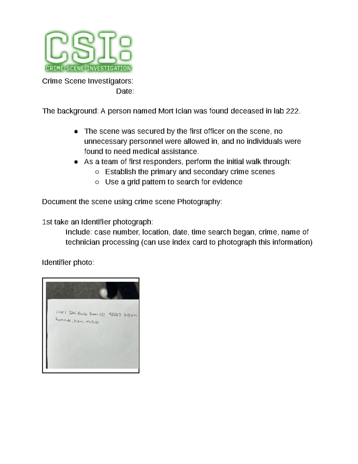 CSI 101: Crime Scene Photo & Sketch Documentation Template - Studocu