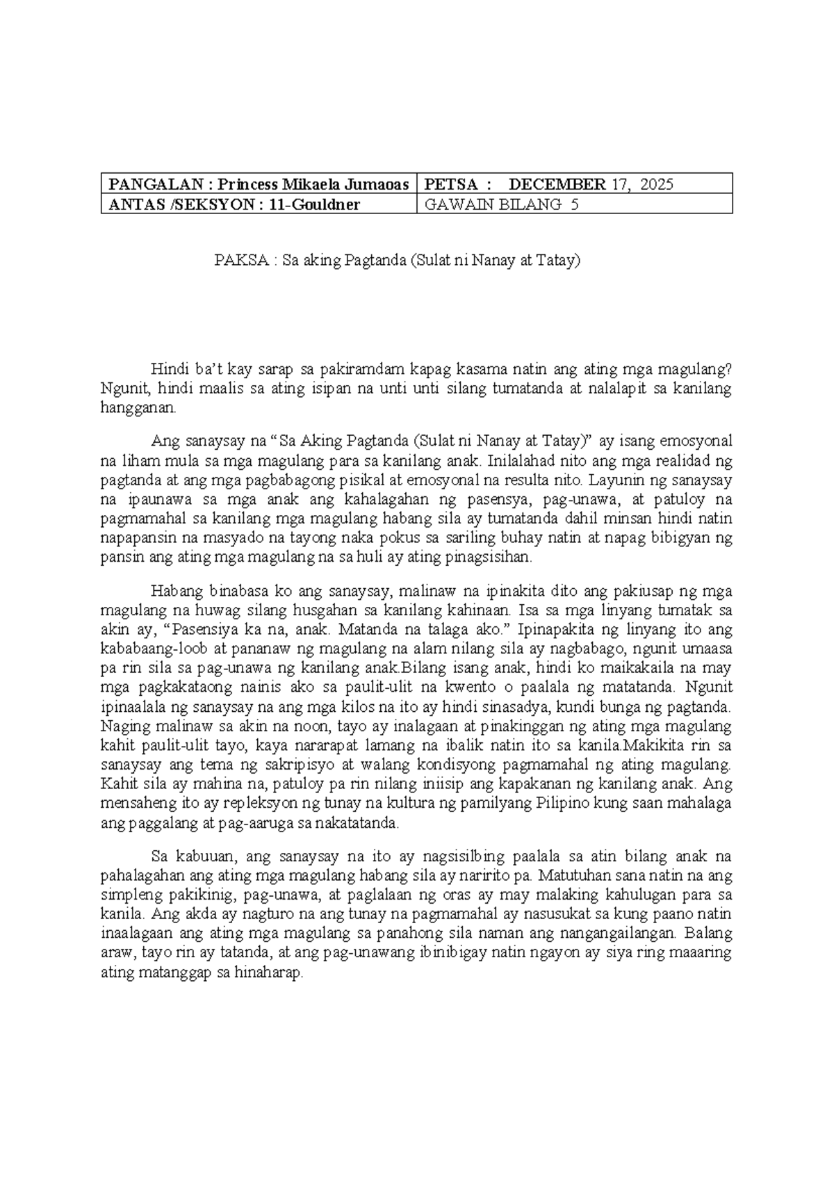 Gawain 5: Sa Aking Pagtanda - Emosyonal na Liham mula sa Magulang - Studocu