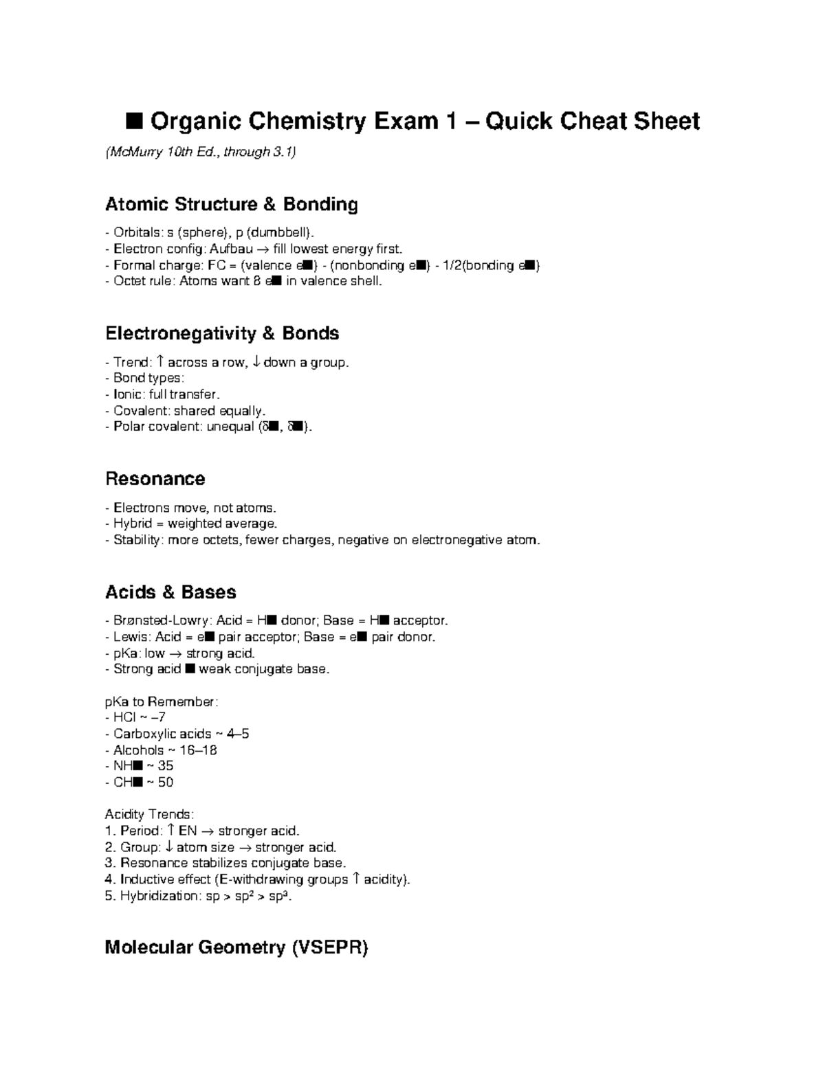 Organic Chemistry Exam 1 Quick Cheat Sheet (McMurry 10th Ed.) - Studocu